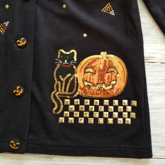 Spirit | Tops | Halloween Sequins Buttonup Small Pumpkin Cat | Poshmark